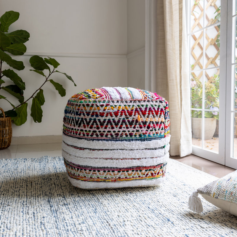 Bohemian Multicolor Chevron Striped Chindi Handmade Pouf LR Resources